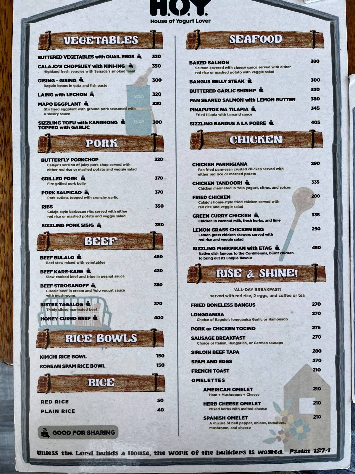 Menu at House of Yogurt Lover (H.O.Y.) restaurant, Baguio