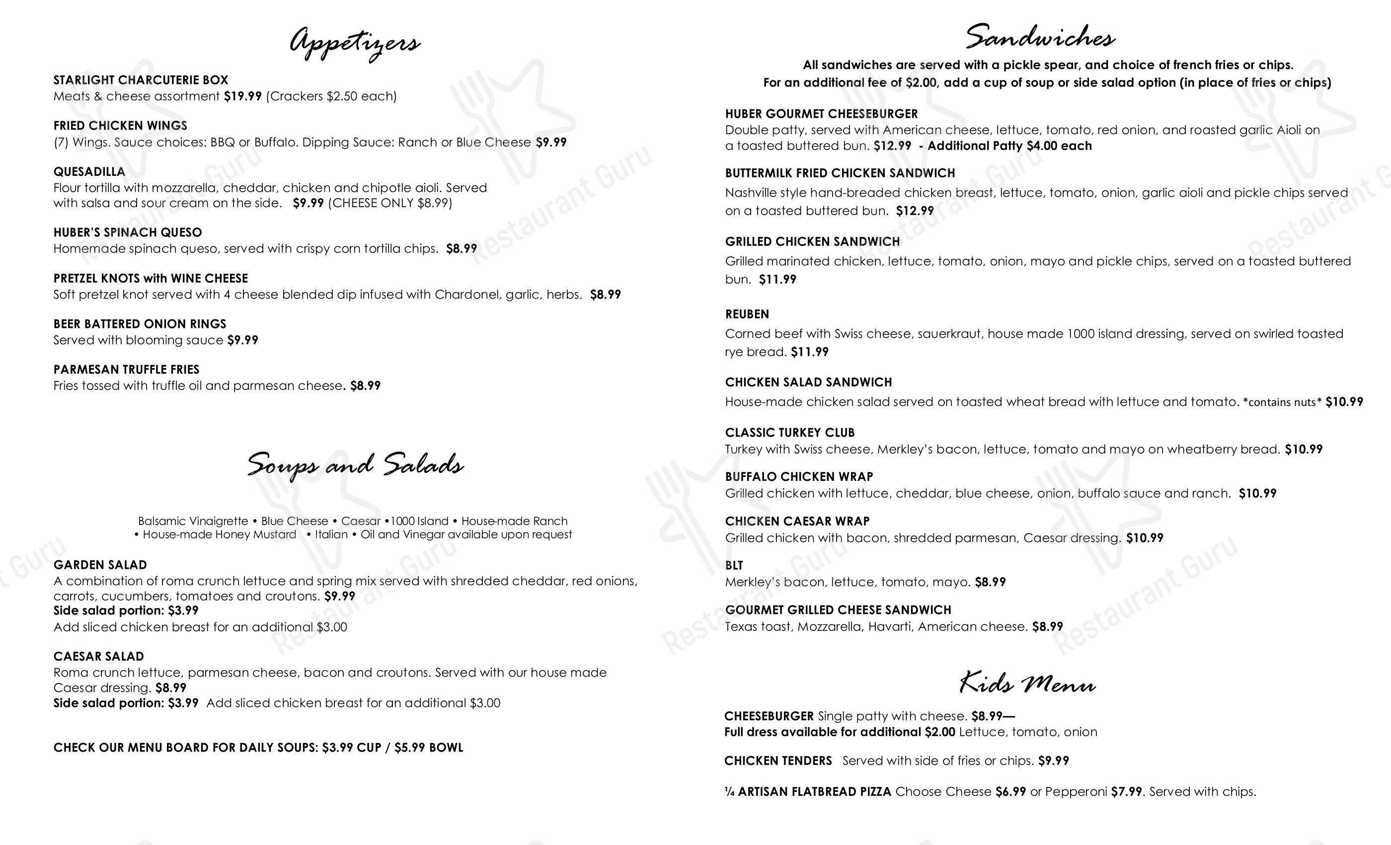 Menu at Huber Starlight Distillery cafe, Borden