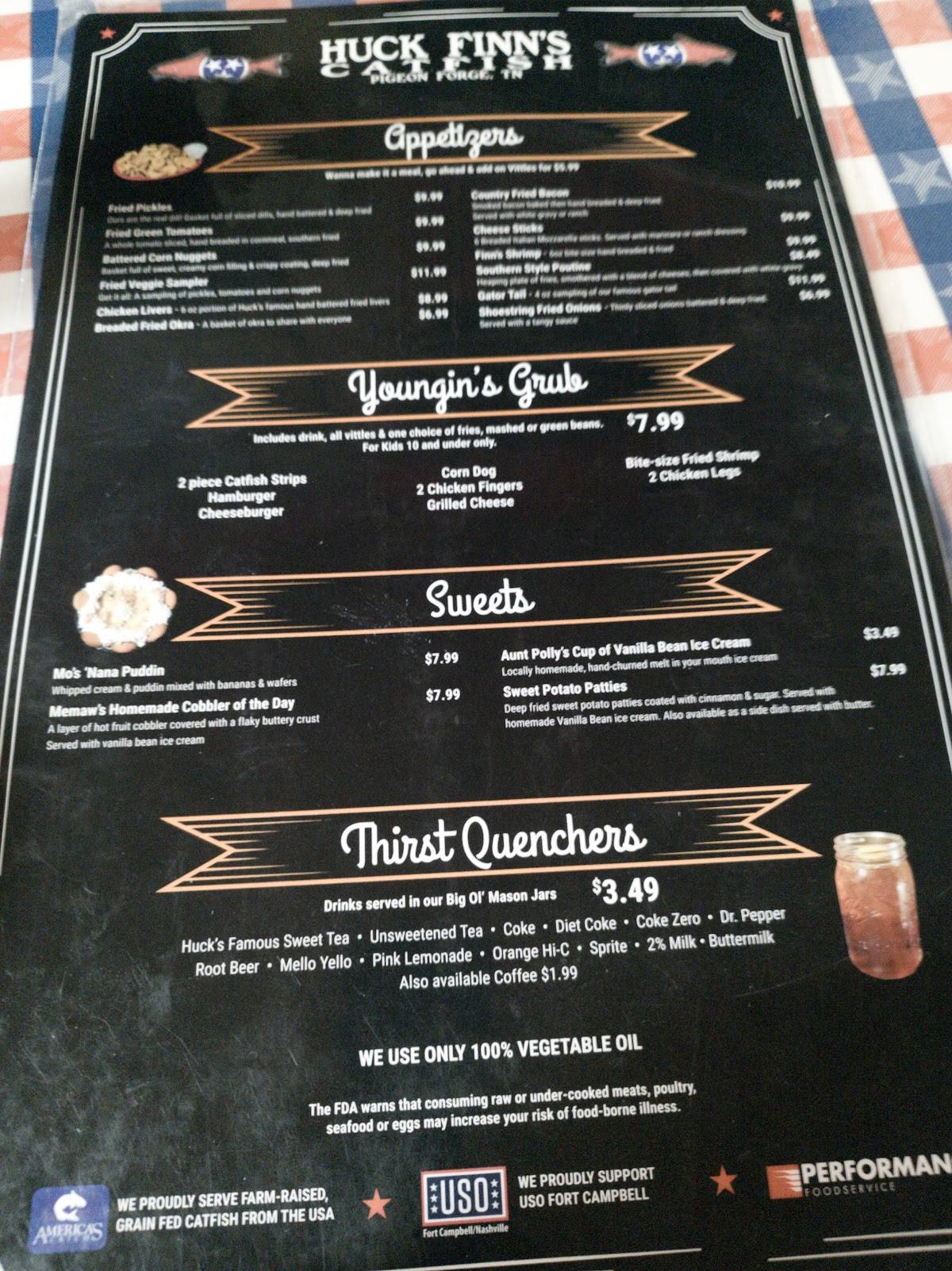 Menu at Huck Finn's Catfish restaurant, Pigeon Forge