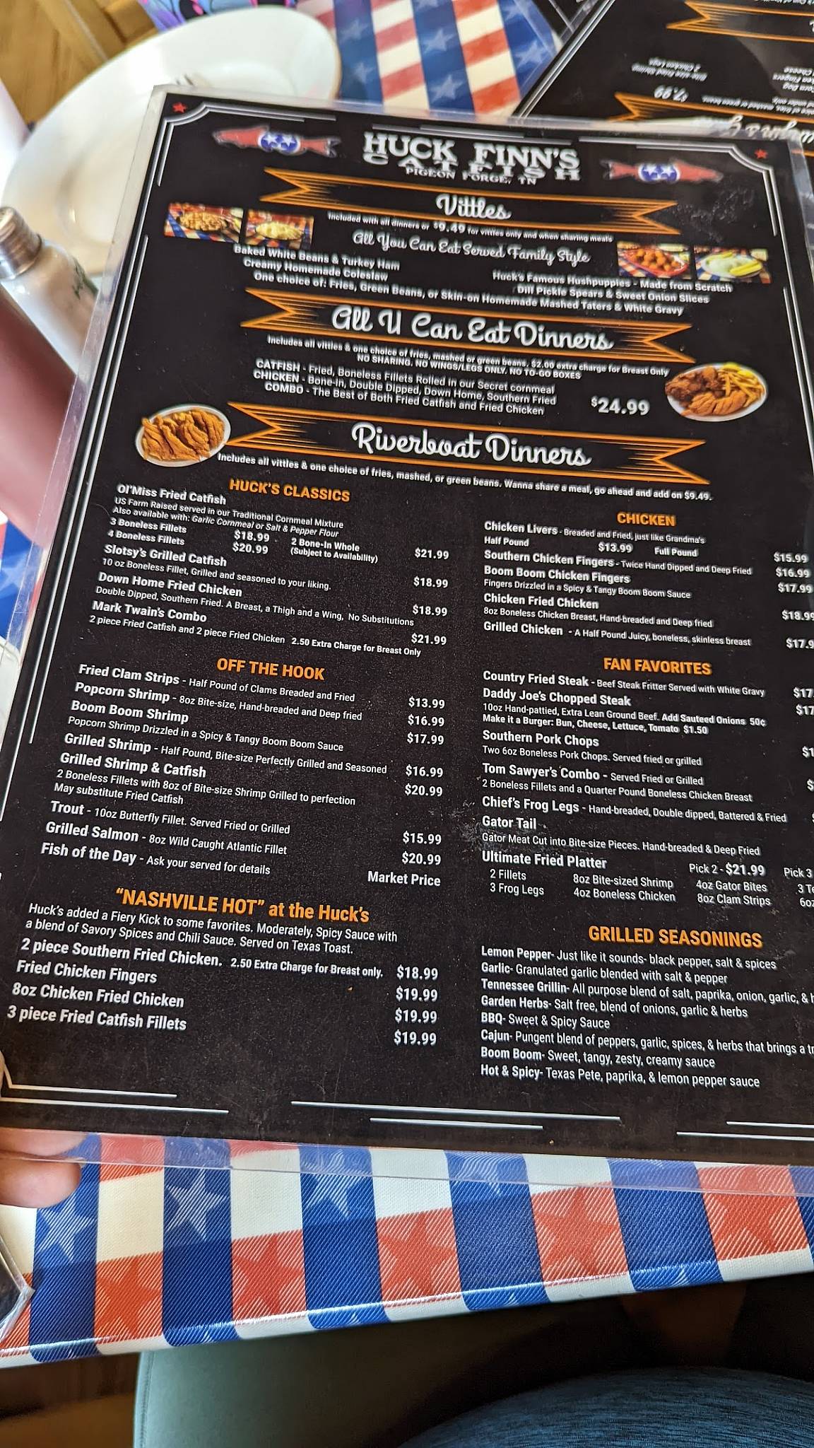 Menu at Huck Finn's Catfish restaurant, Pigeon Forge
