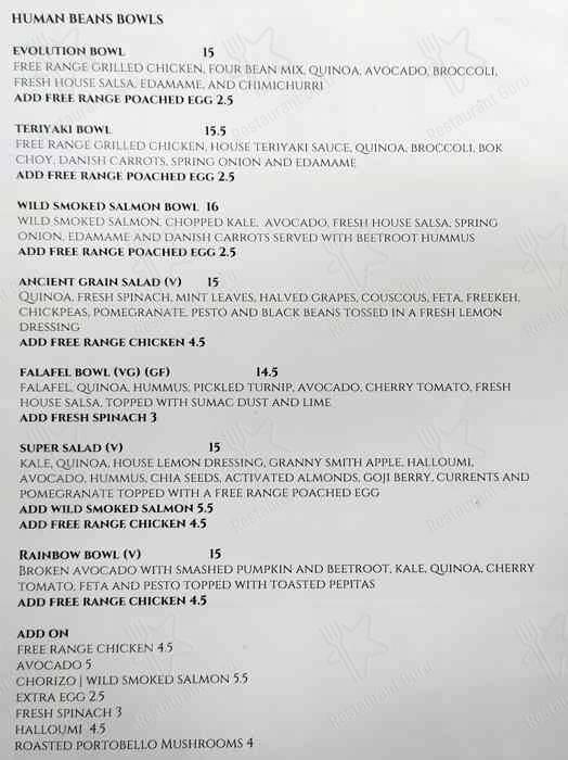Menu at Human Beans cafe, Southbank