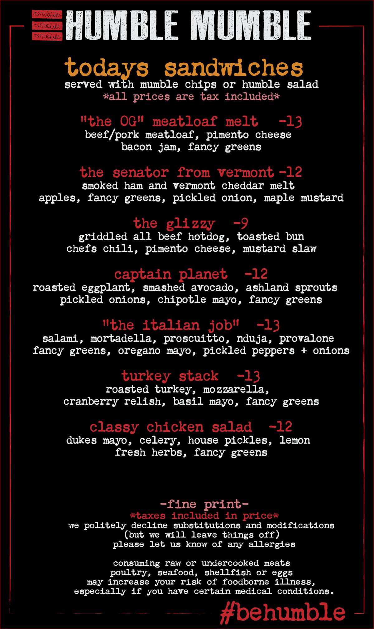 Menu at Humble Mumble restaurant, Atlanta