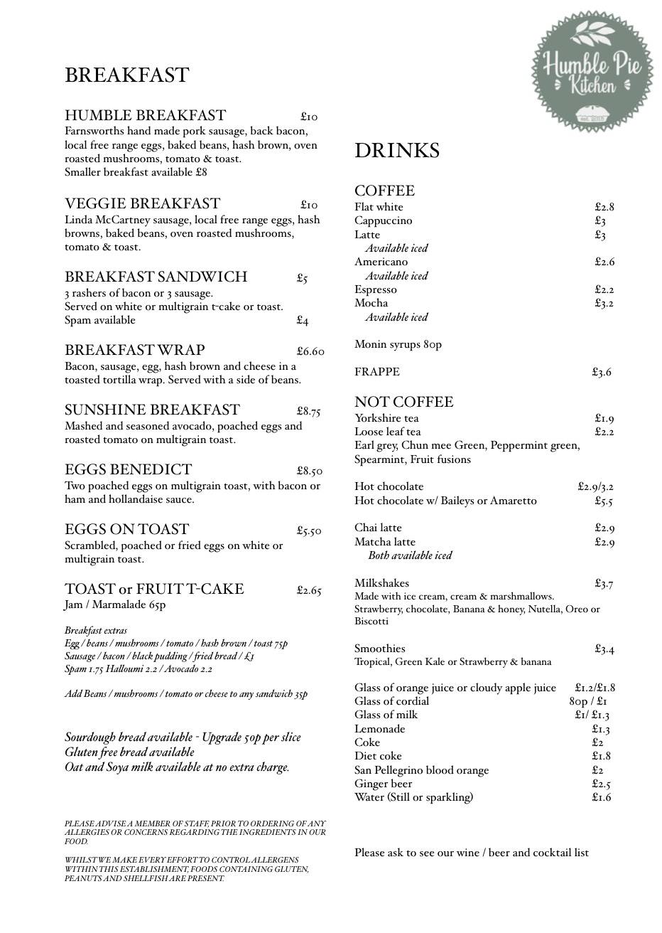 Menu at Humble Pie cafe, Barnoldswick