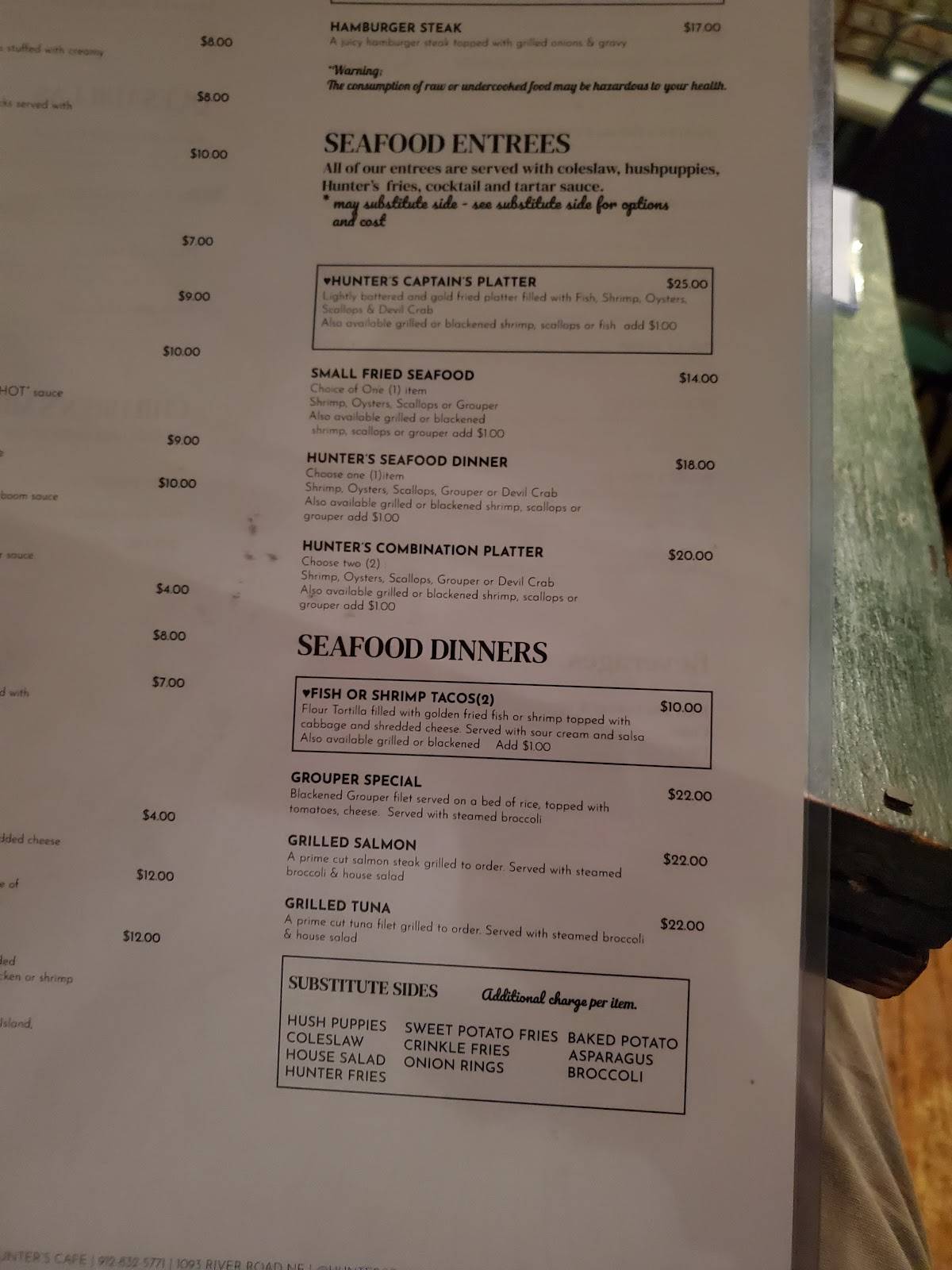 Menu at Hunter's Cafe, Shellman Bluff, River Rd