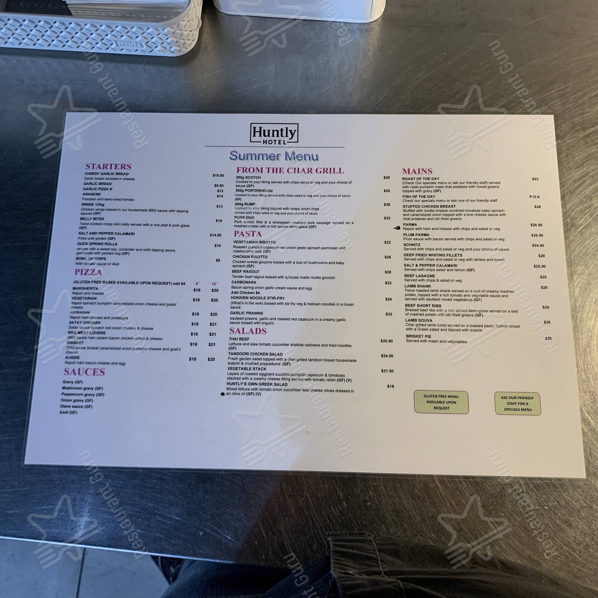 Menu at Huntly Hotel restaurant, Huntly