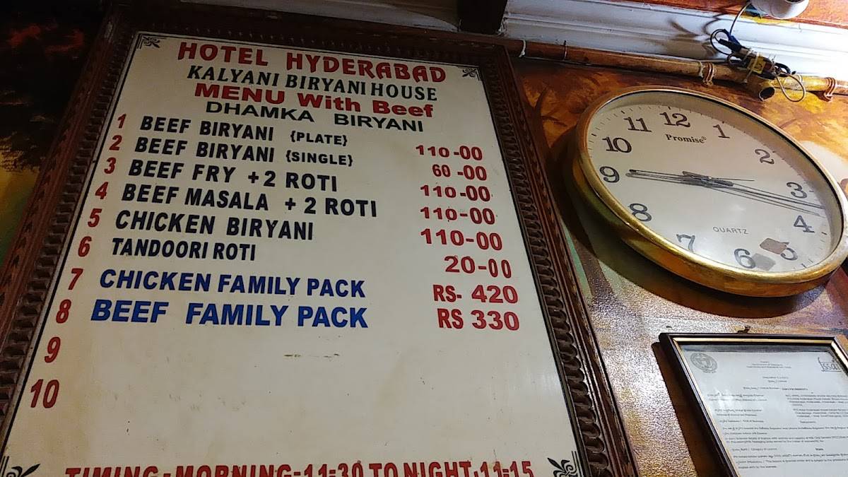 Menu at Hyderabad Kalyani Hotel, Hyderabad