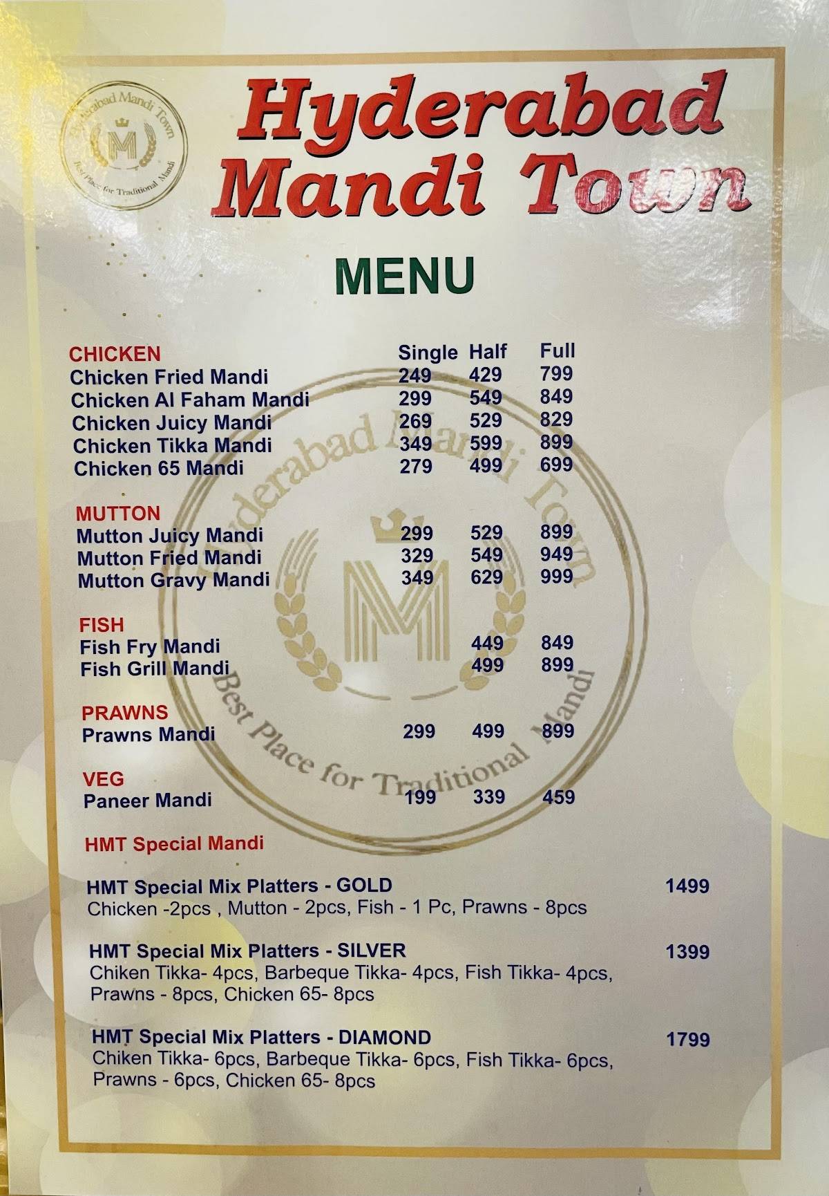 Menu at Hyderabad Mandi Town, Hyderabad