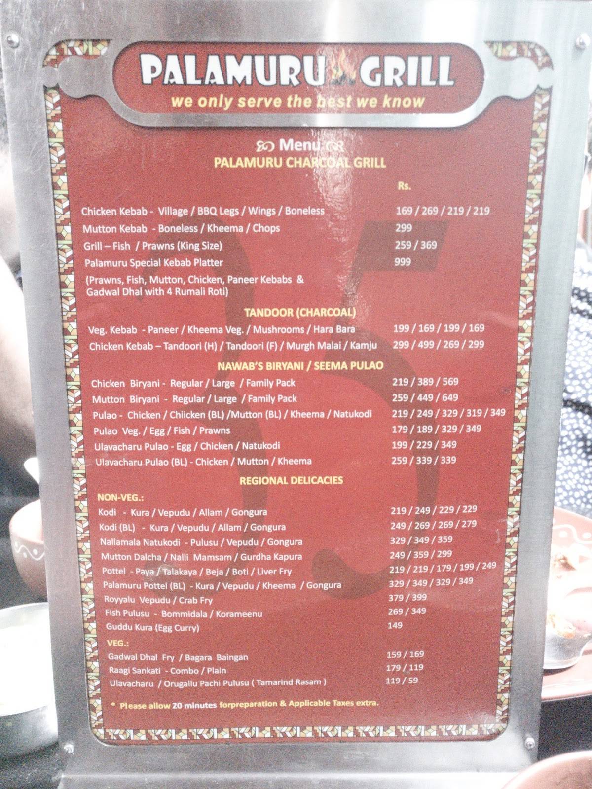 Menu at Palamuru Grill, Hyderabad, Opposite Meridian School