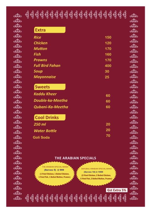 Menu at The Arabian Mandi, Secunderabad, Andrews school