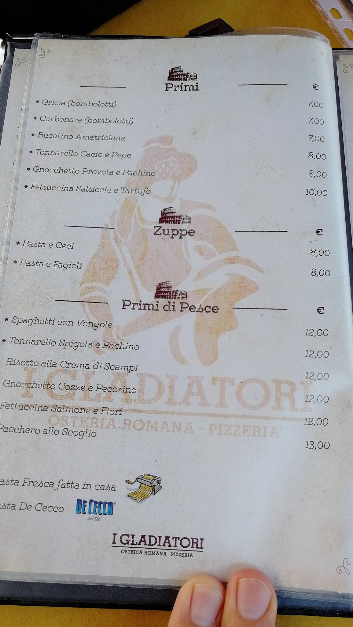 Carta del restaurante I Gladiatori, Roma, Via Pietro Romani