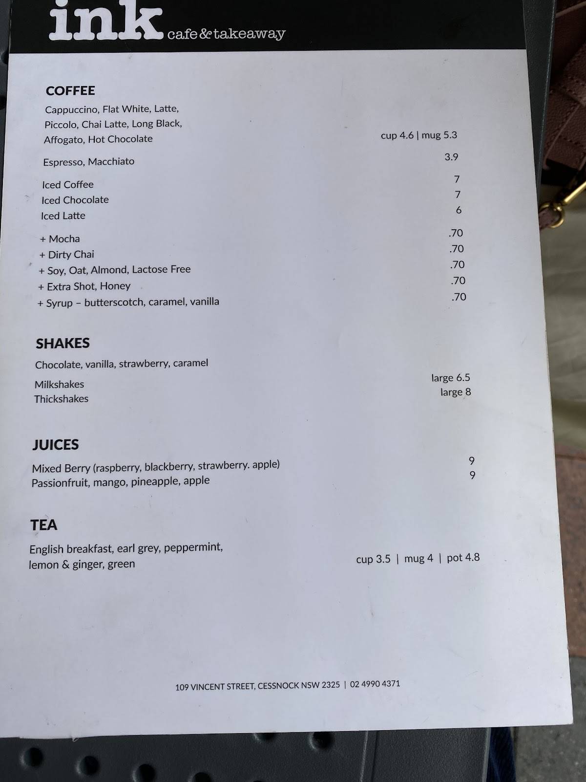 Menu at INK Cafe & Takeaway, Cessnock