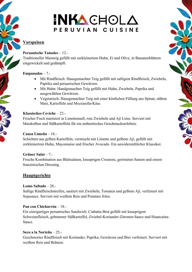 Menu at INKA CHOLA - RESTAURANT, Biel/Bienne