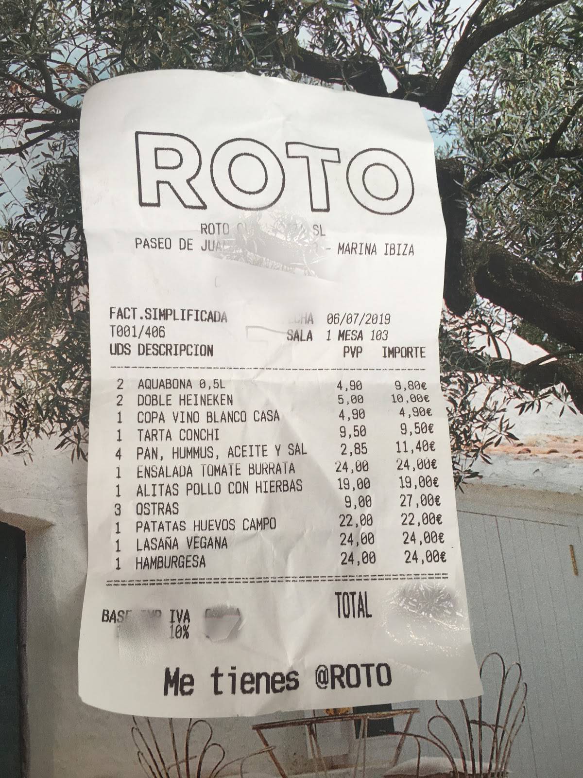 Menu at Roto restaurant, Ibiza