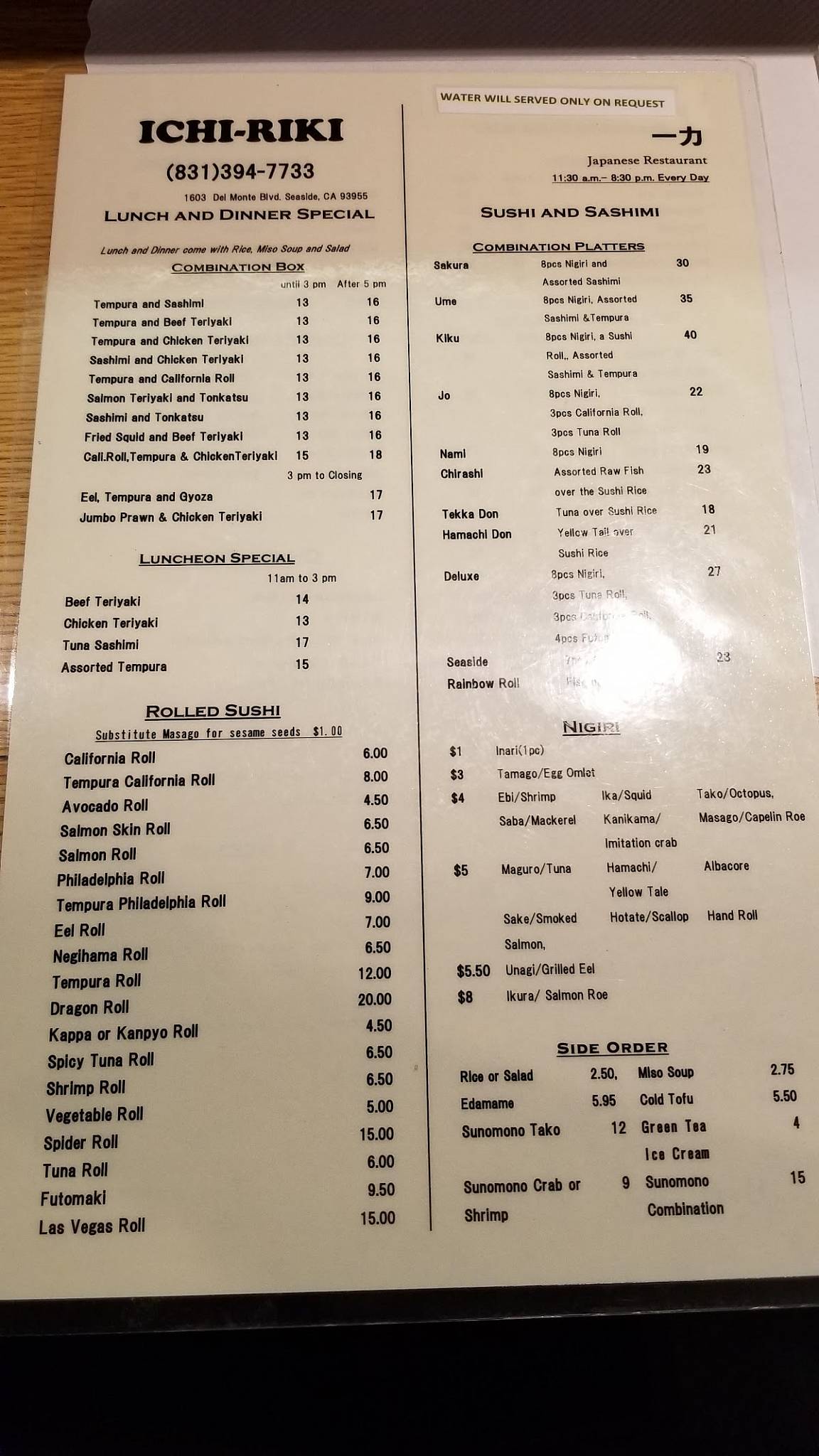 Menu at Ichi-Riki Japanese Restaurant, Seaside