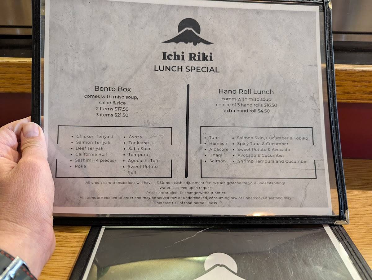 Menu at Ichi-Riki Japanese Restaurant, Seaside