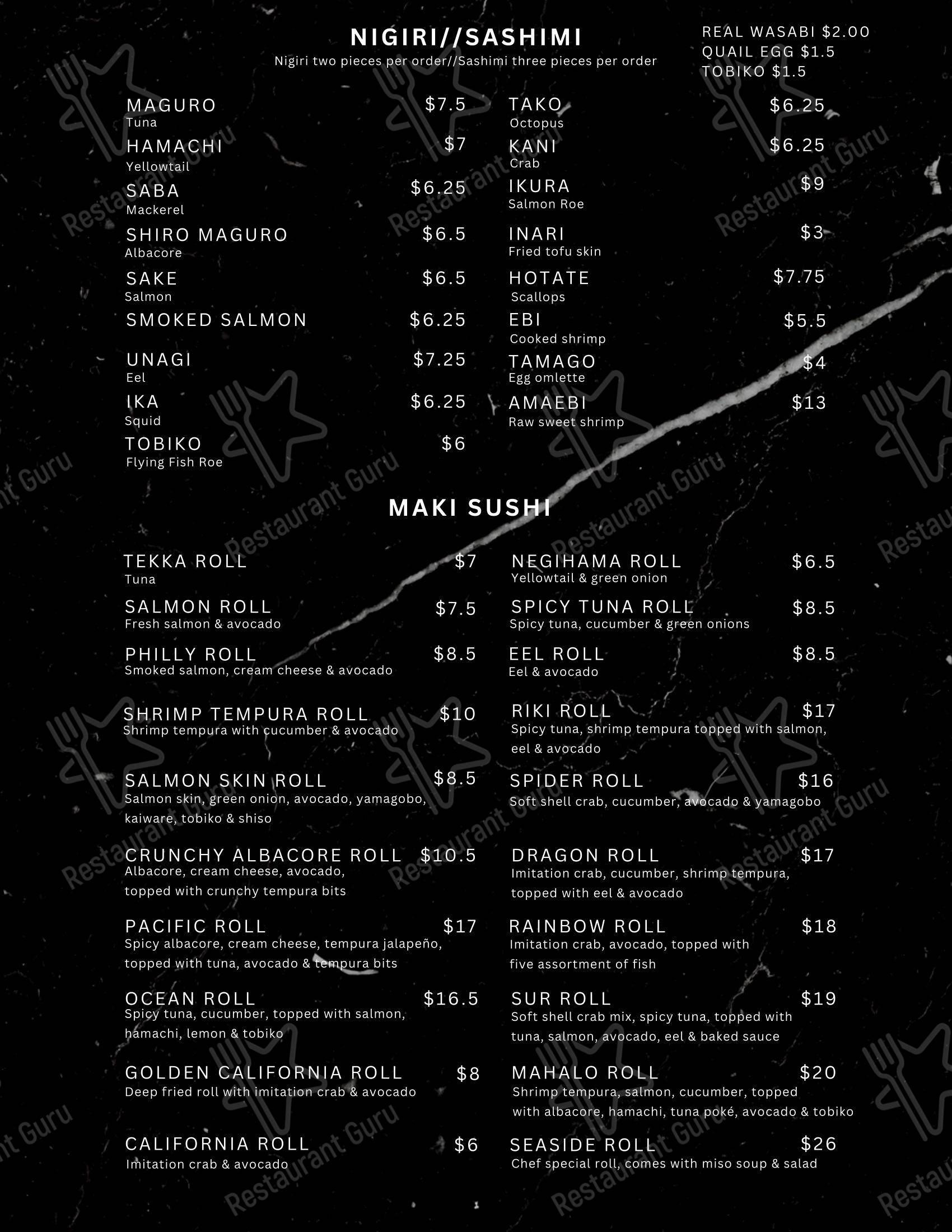Menu at Ichi-Riki Japanese Restaurant, Seaside