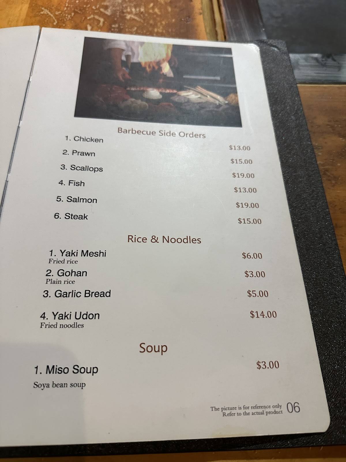 Menu at Ichiban Teppanyaki restaurant, Lower Hutt