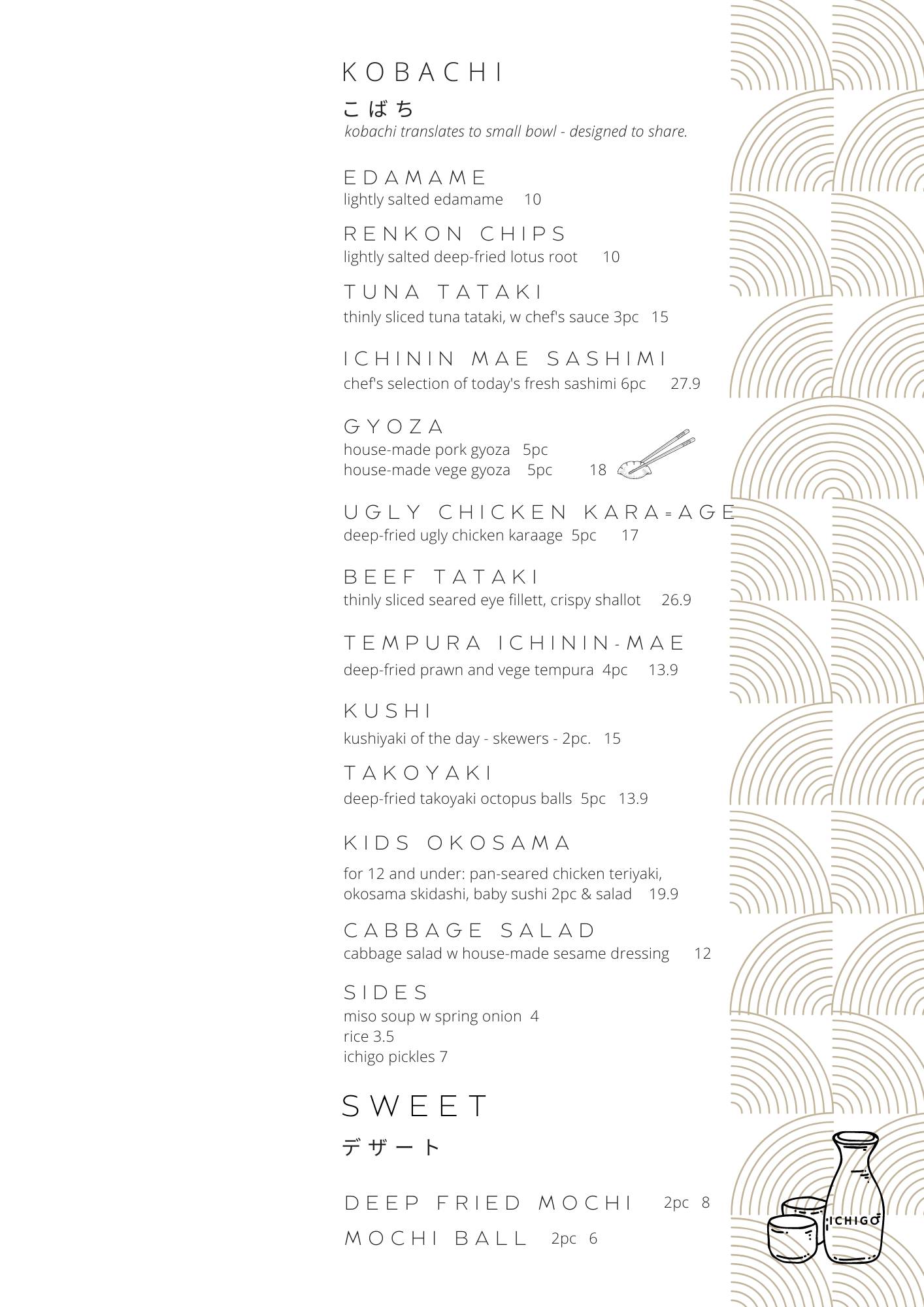 Carta del restaurante Ichigo Ichie, Auckland
