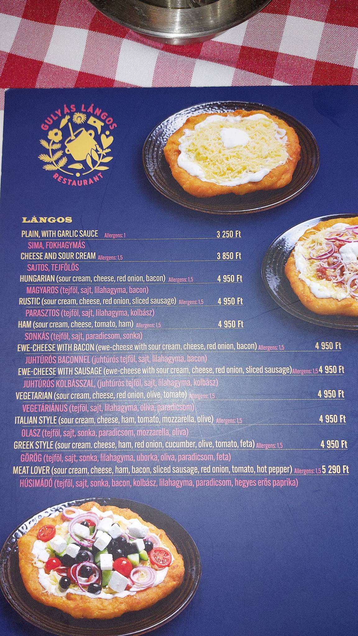 Menu at Iconic Gulyás Lángos restaurant, Budapest
