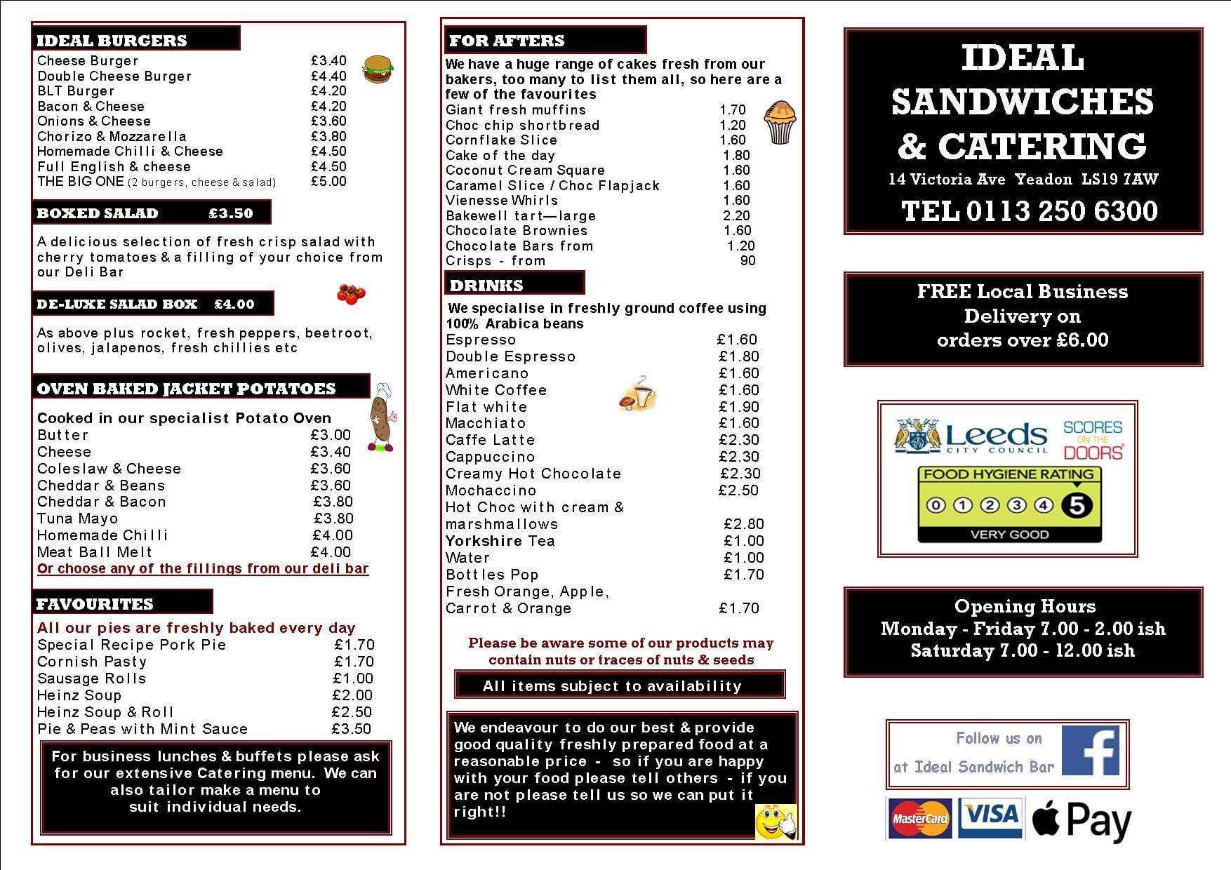 Menu at Ideal Sandwich Bar, Leeds, 14 Victoria Ave