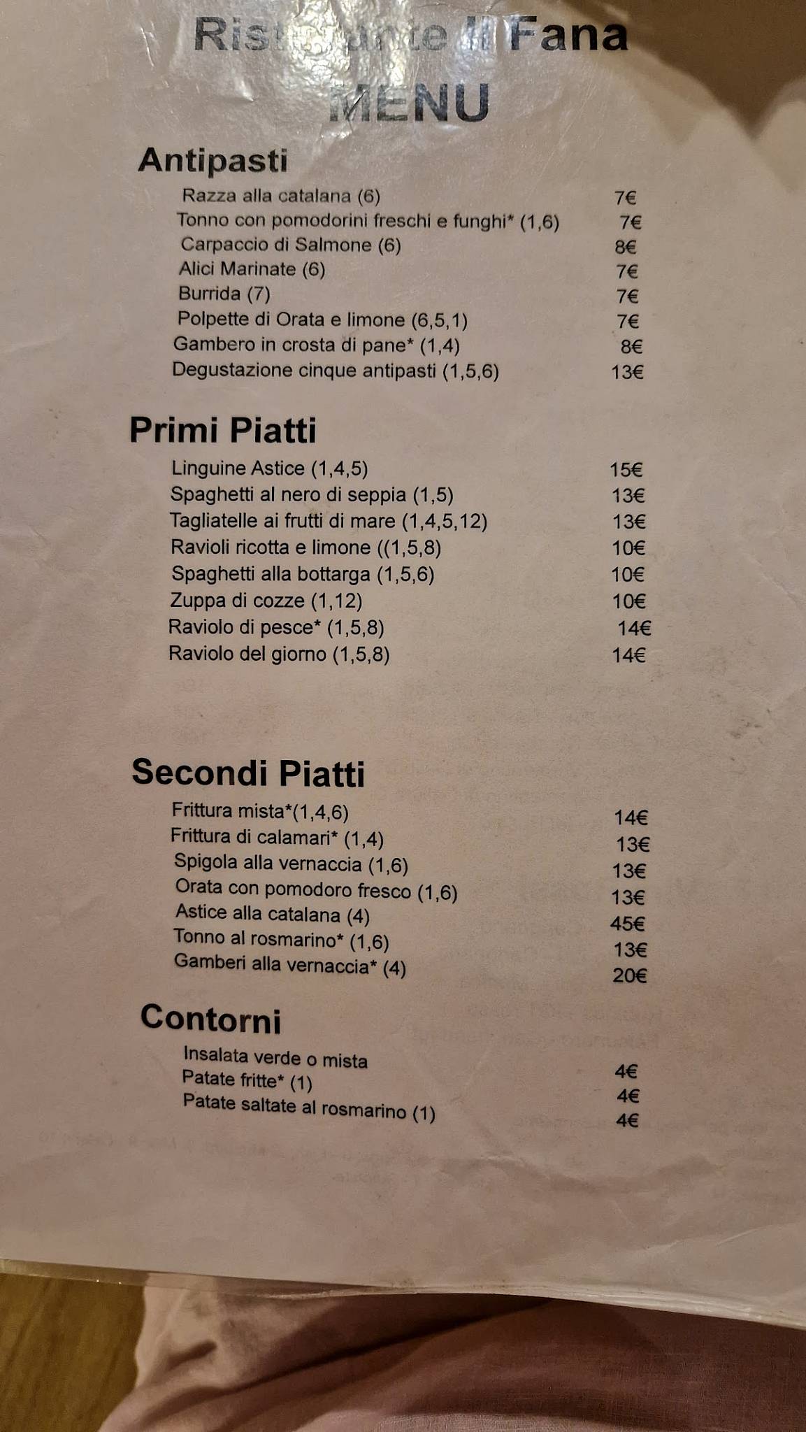 Menu da Il Fanà ristorante, Cagliari