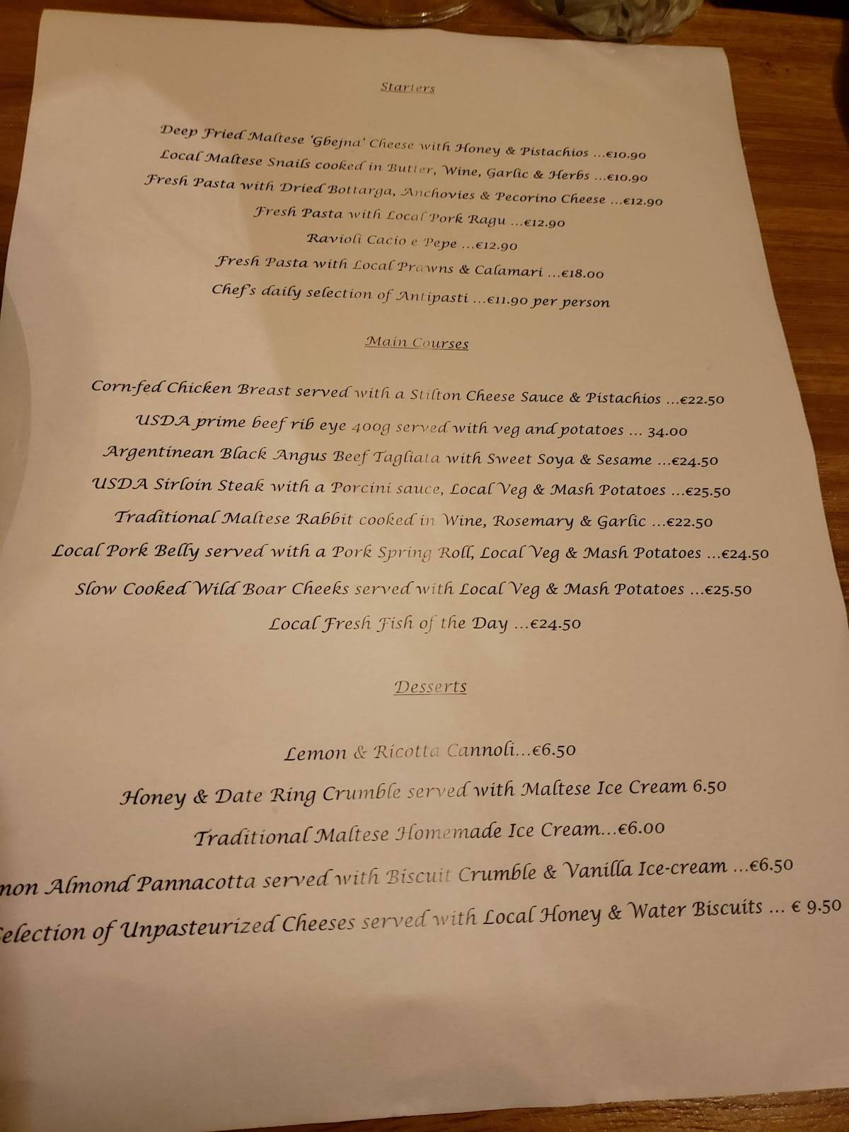 Menu at Il-Horza Restaurant, Valletta