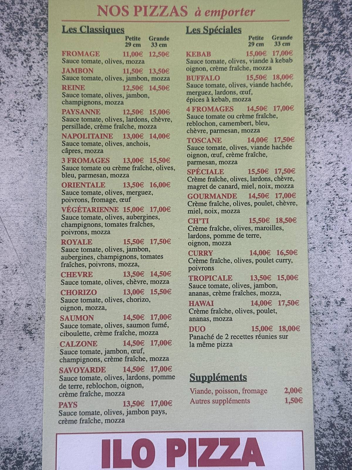 Menu au Ilo Pizza pizzeria, Royan