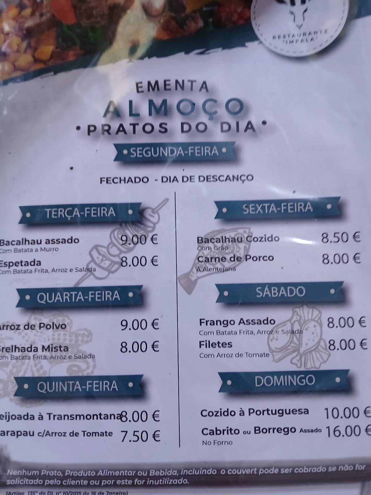 Menu at Impala Restaurant, Arganil