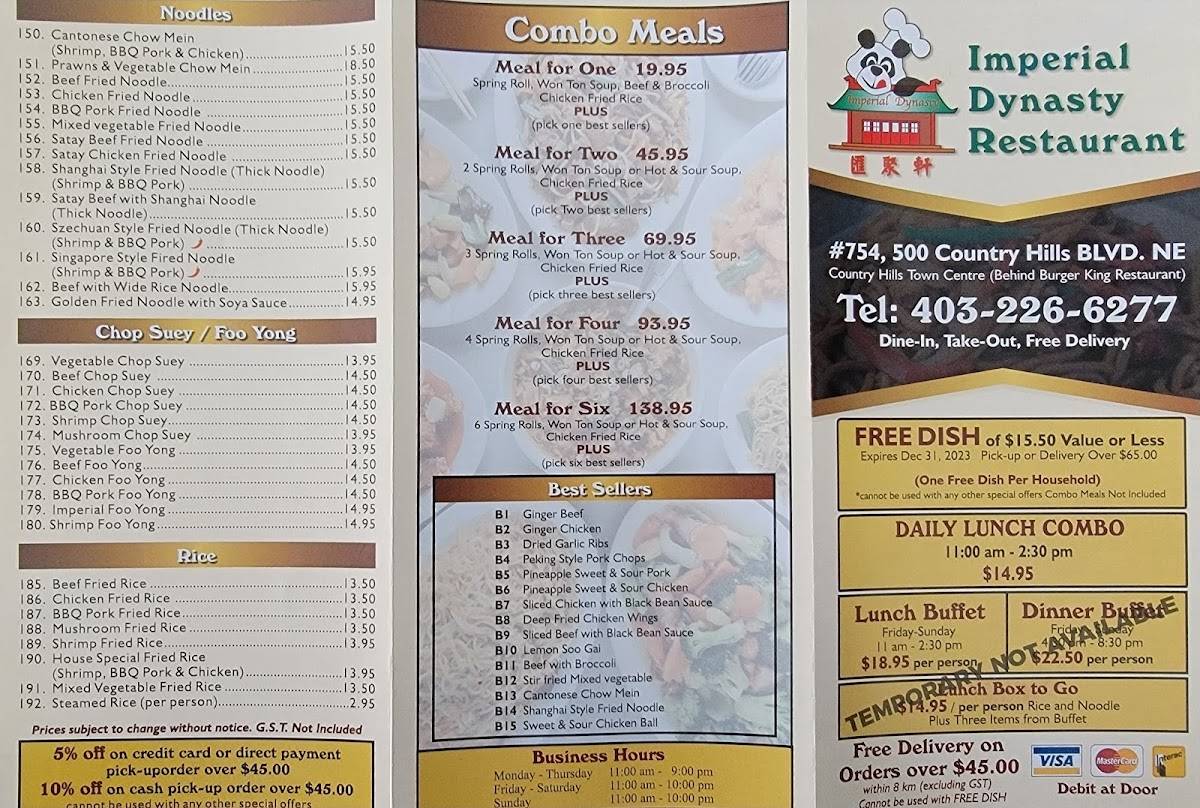 Menu at Imperial Dynasty Restaurant, Calgary