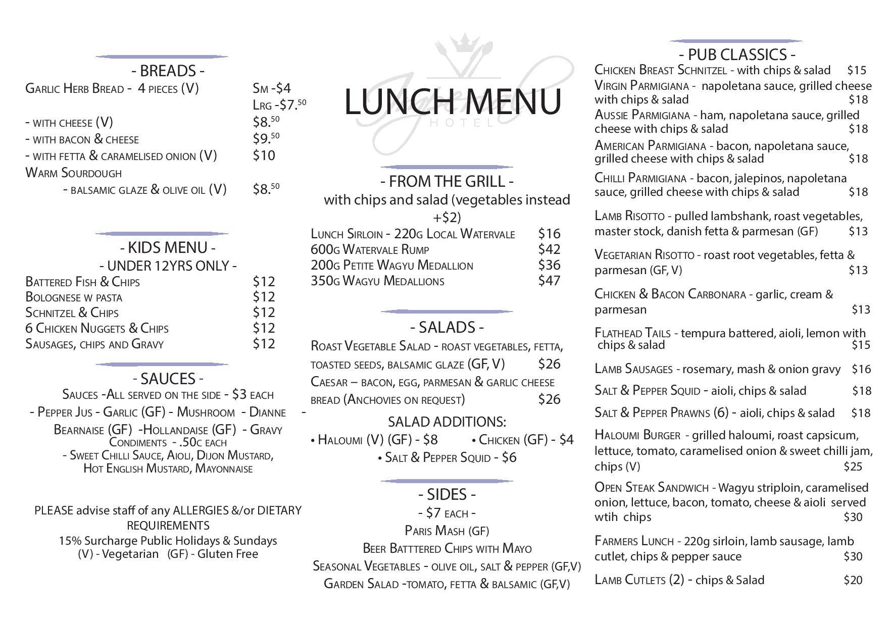 Menu at Imperial Hotel pub & bar, Cowra