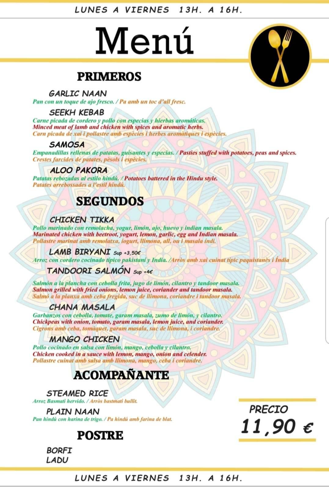 Carta de Indian Sabor (Indian restaurante) calella, Calella