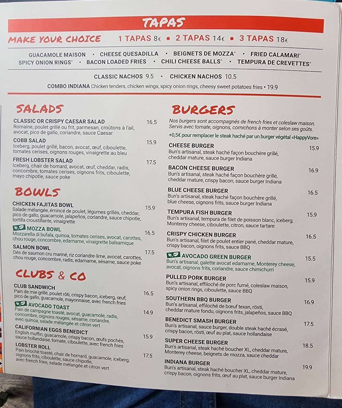 Menu au Indiana Café - Beaugrenelle, Paris, 12 Rue Linois