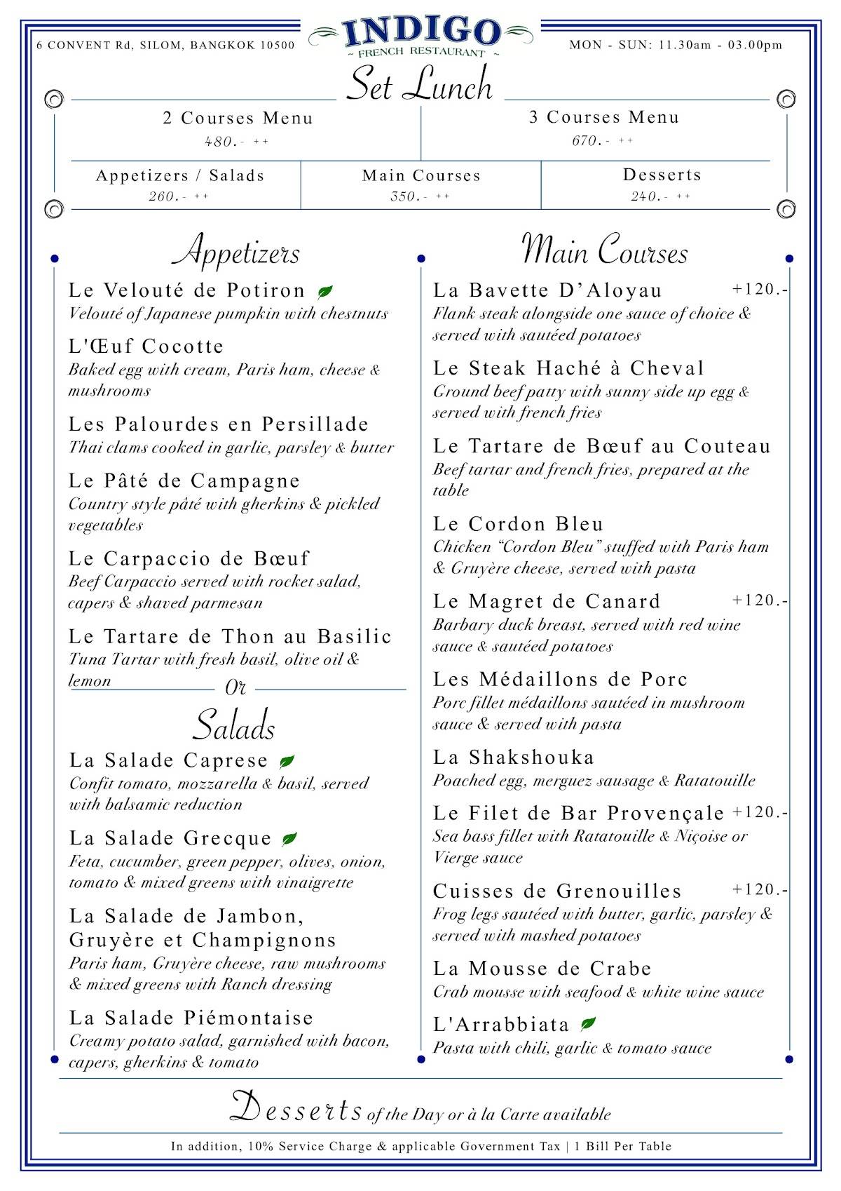 Menu at Indigo restaurant, Bangkok, 6 Convent Rd