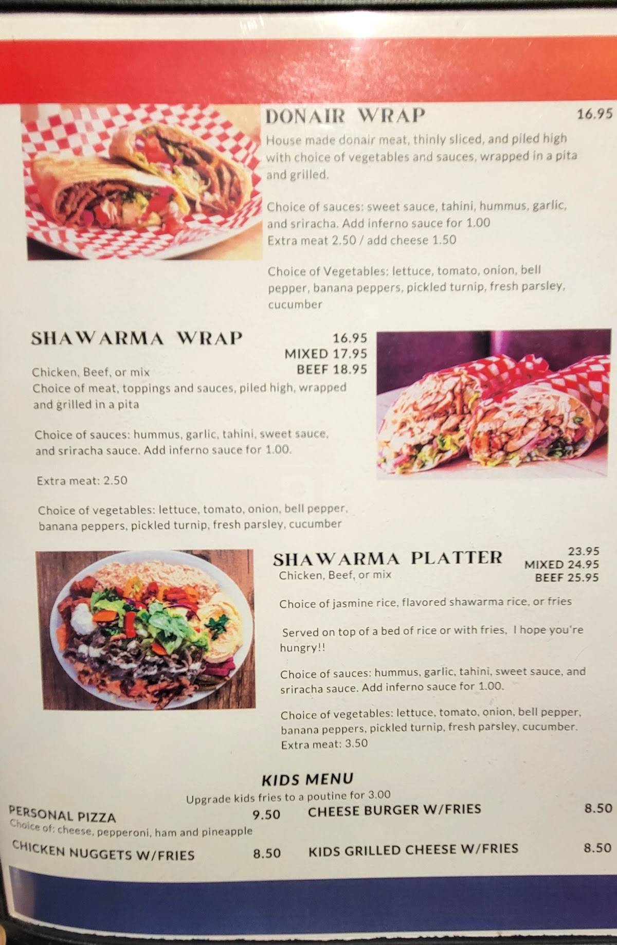 Menu at Inferno Shawarma and Donair restaurant, Flin Flon
