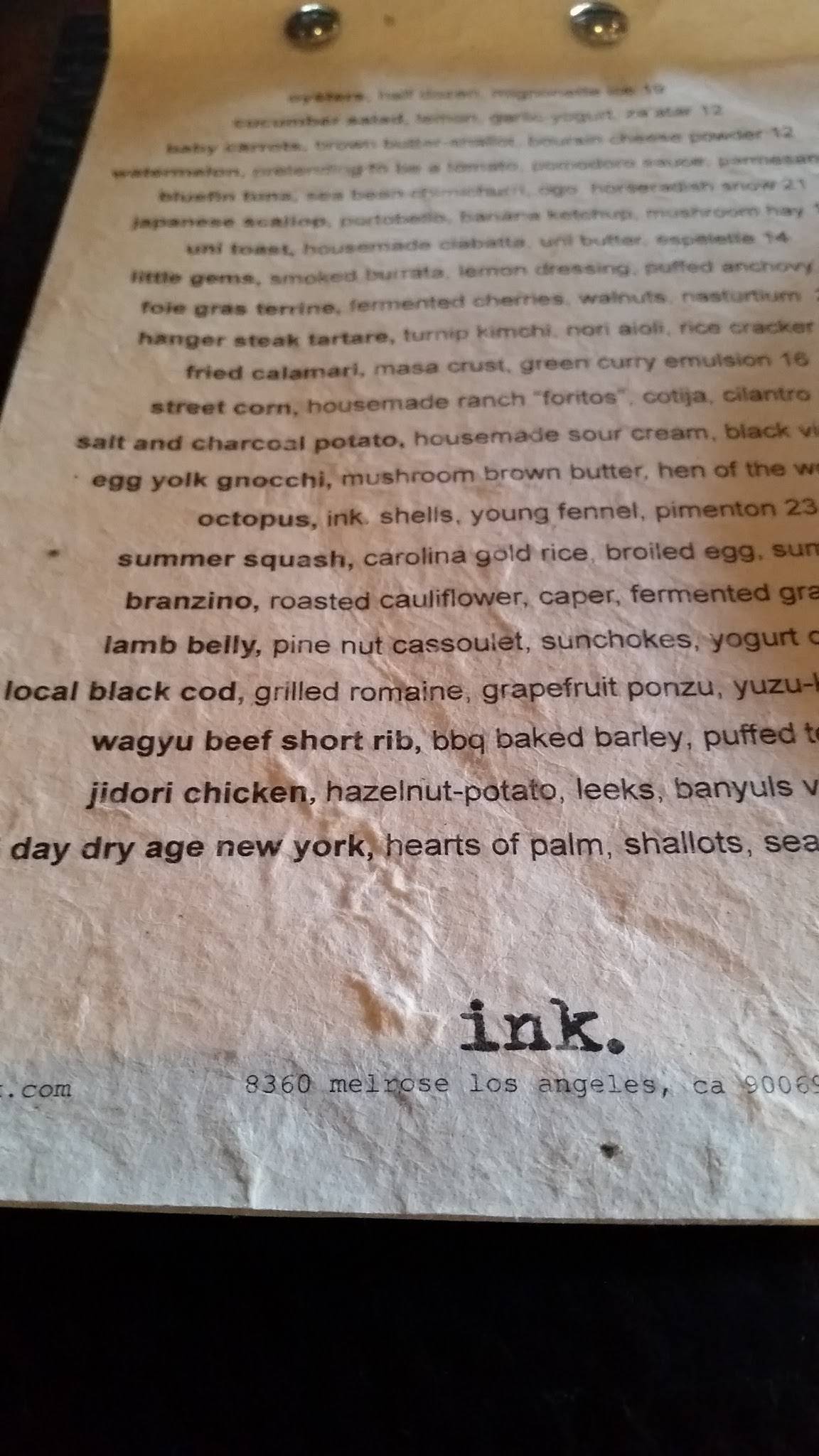 Menu at Ink restaurant, Los Angeles, Melrose Ave #107