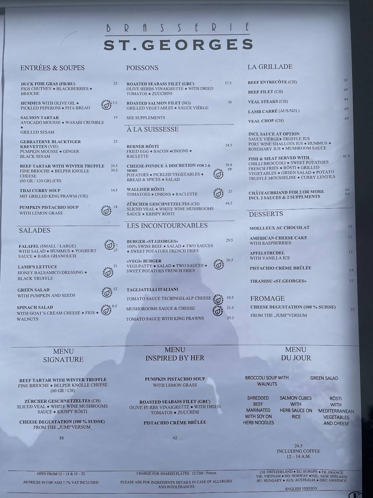 Menu at Brasserie St.Georges, Interlaken