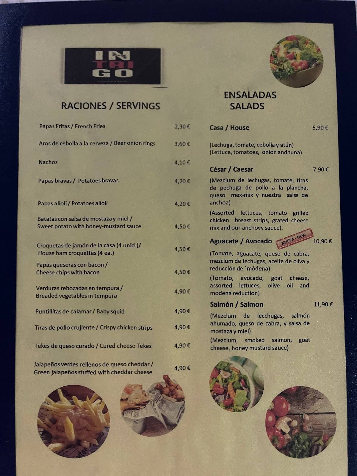Carta del restaurante Intrigo Lanzarote, Arrecife