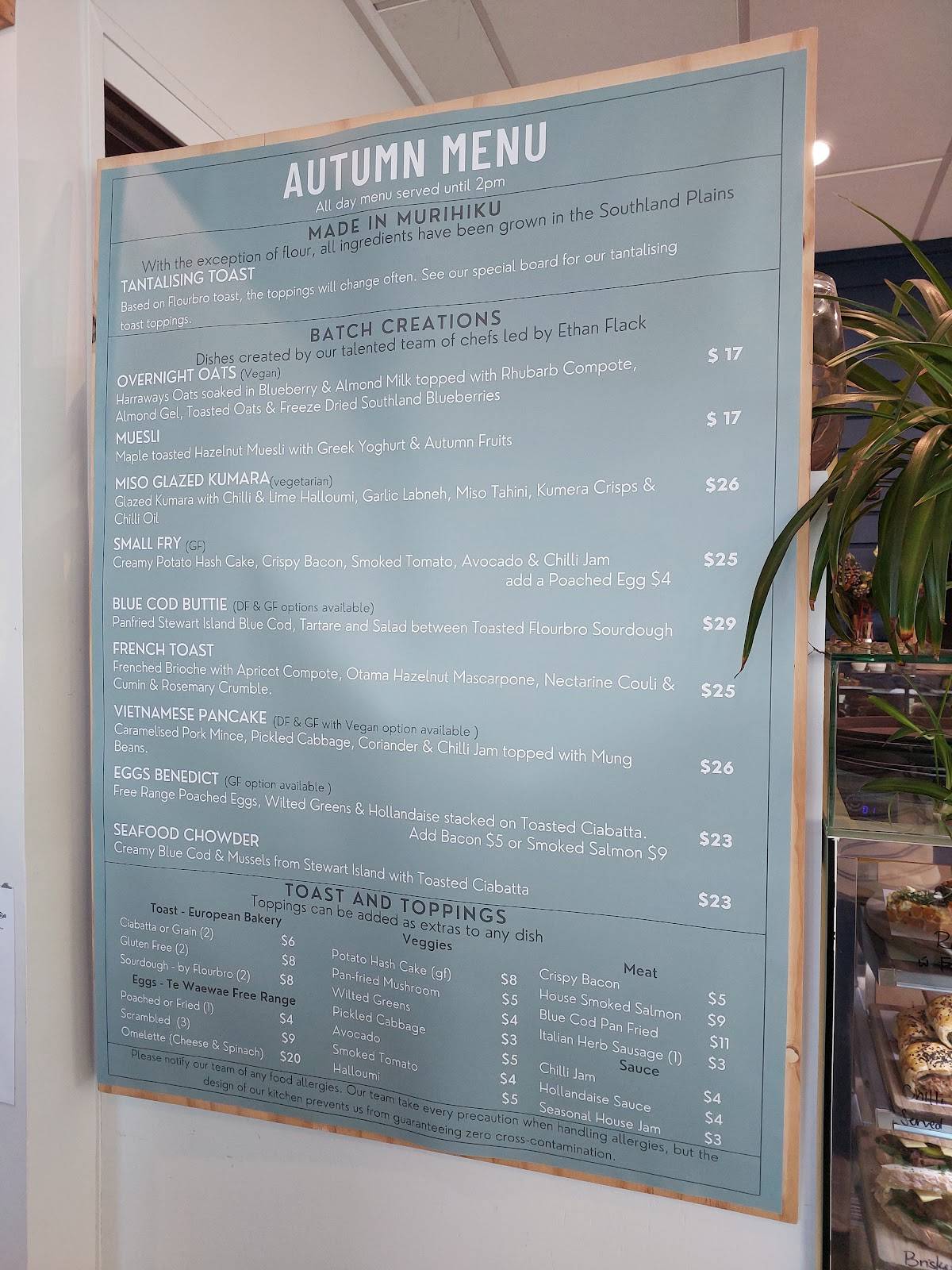 Menu at The Batch Cafe, Invercargill