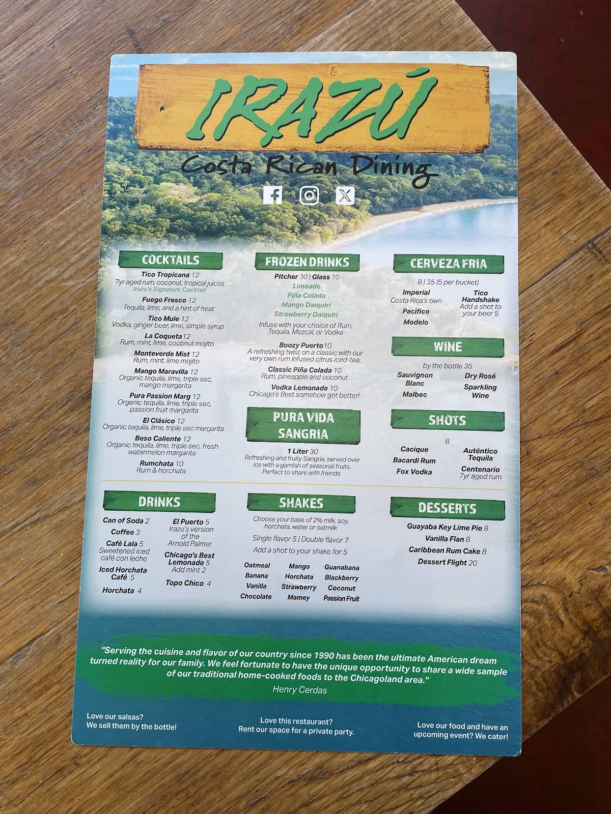 Menu at Irazu Costa Rican Restaurant & Catering, Chicago