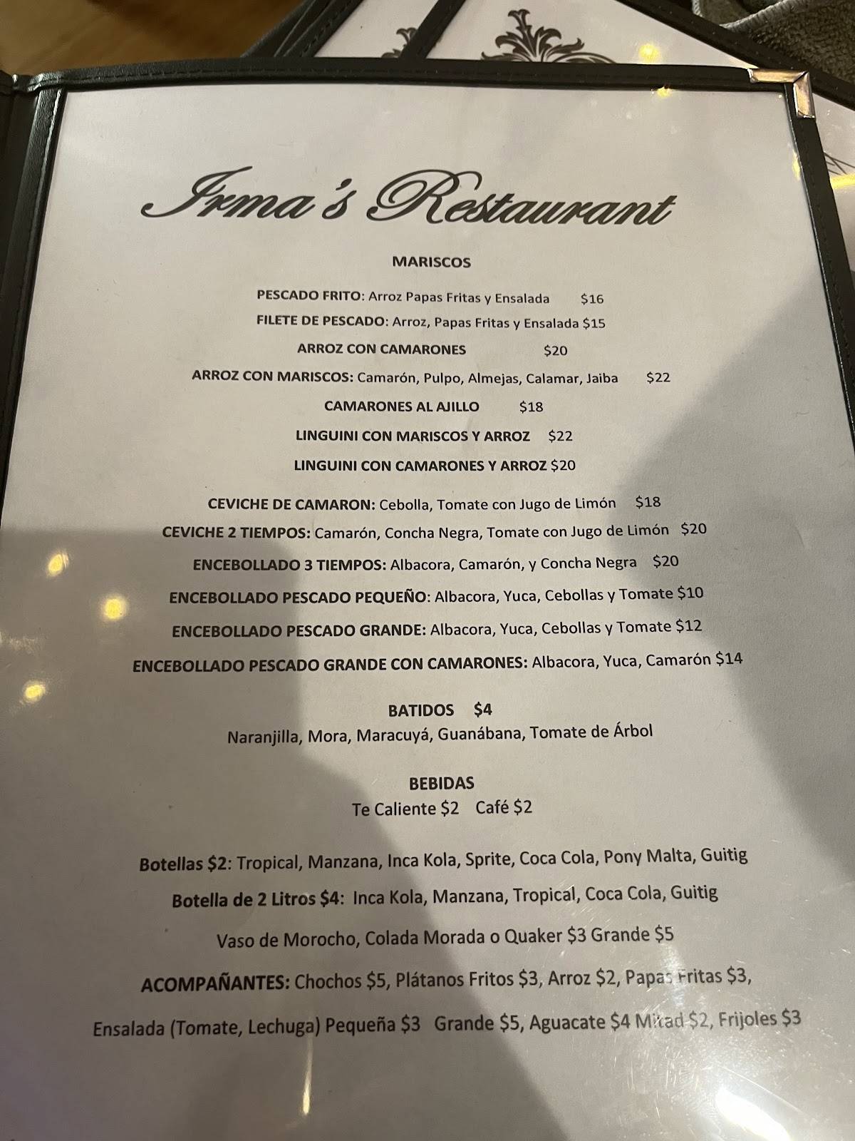 Menu at Irma's Restaurant, Plainfield