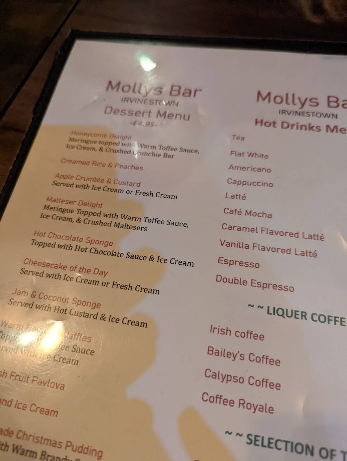Menu at Molly's Bar, Irvinestown