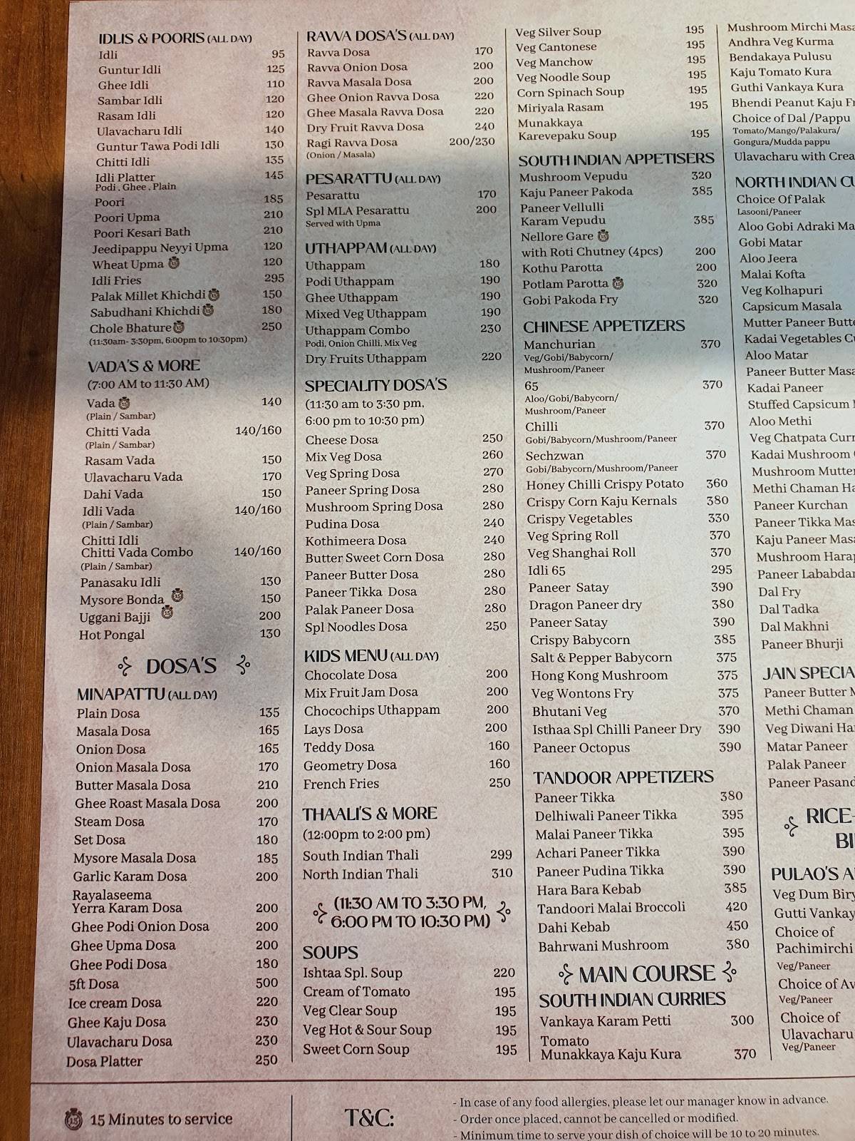 Menu at Ishtaa, Hyderabad