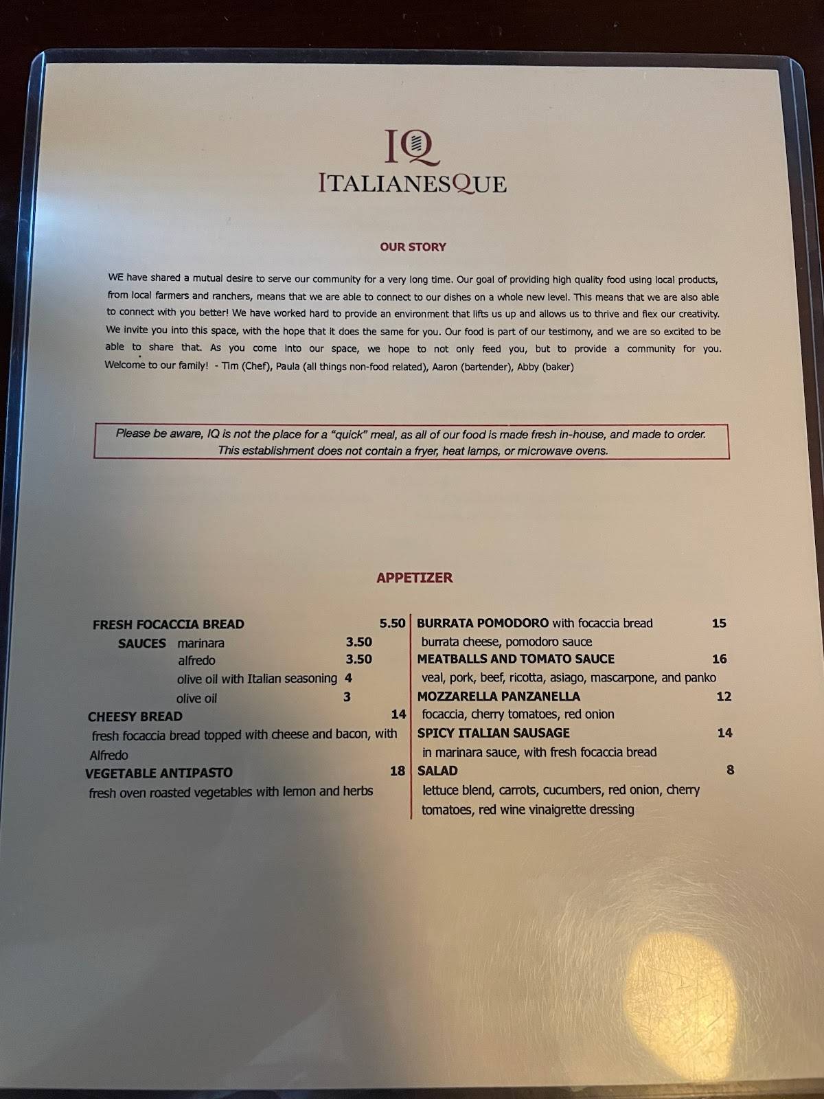Menu at Italianesque restaurant, Nampa