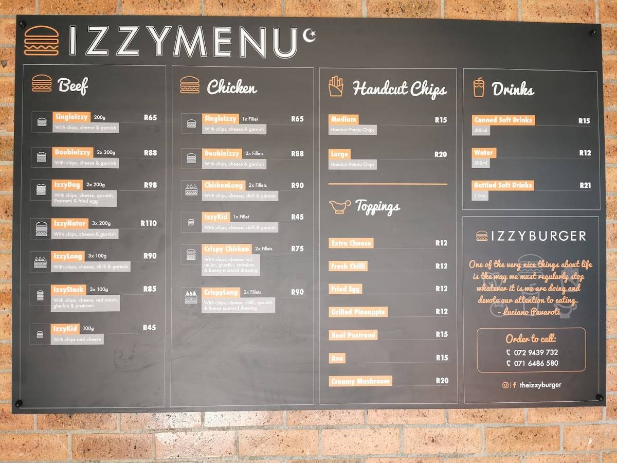 Menu at Izzyburger Goodwood restaurant, Cape Town