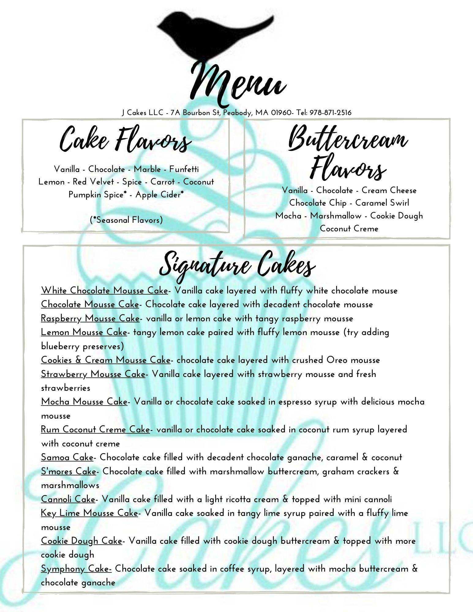 Menu at J Cakes desserts, Peabody