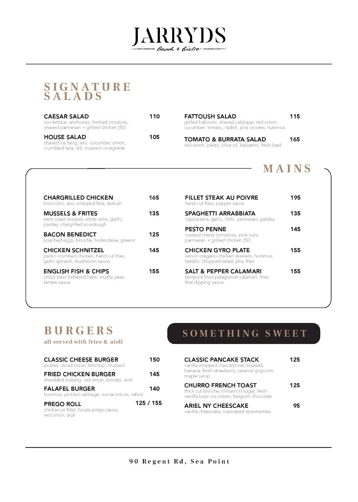 Menu at JARRYDS Brunch & Bistro restaurant, Cape Town, 90 Regent Rd
