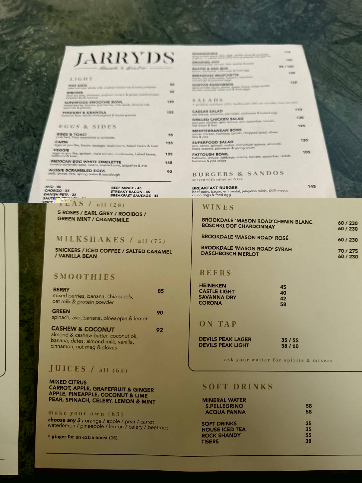 Menu at JARRYDS Brunch & Bistro restaurant, Cape Town, 90 Regent Rd