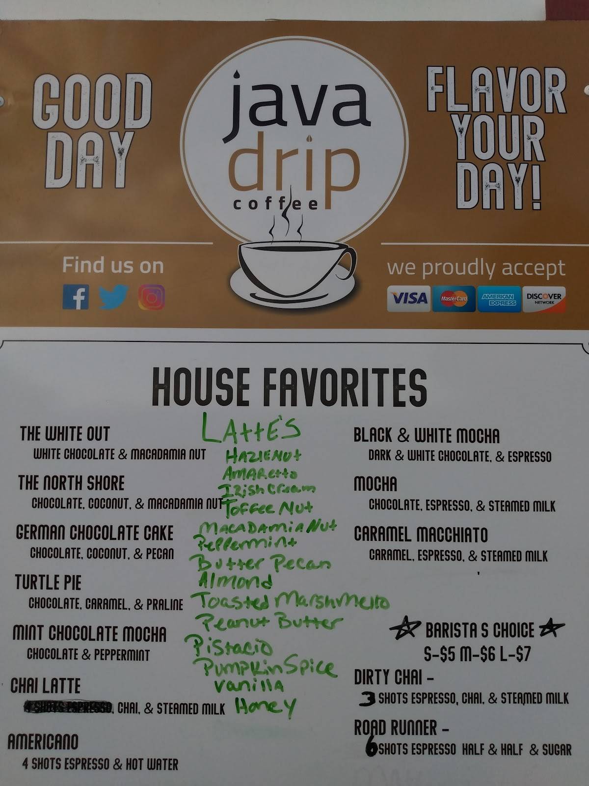 Menu at Java Drip Coffee, Gallup