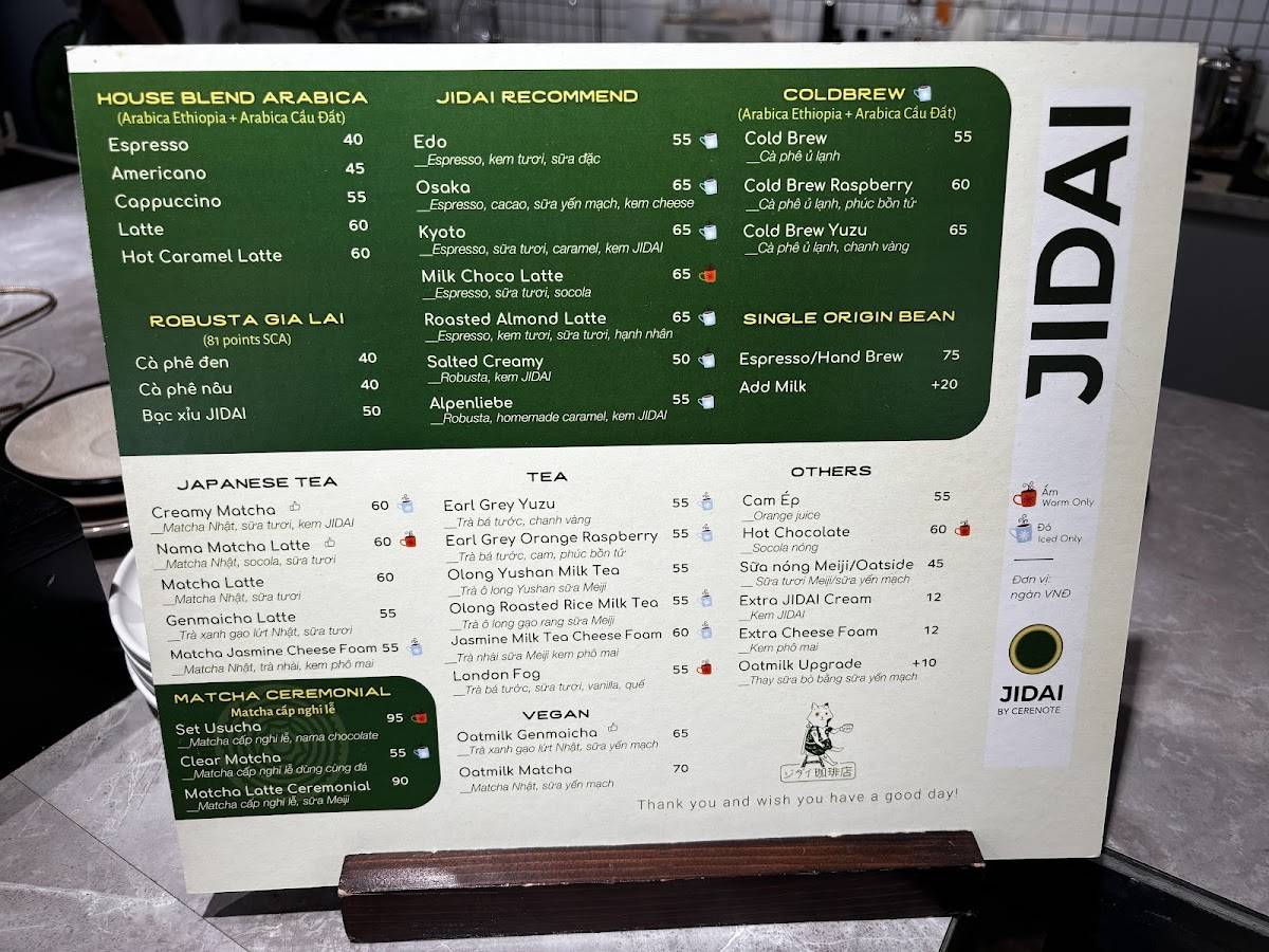 Menu at JIDAI by Cerenote Coffee cafe, Hanoi