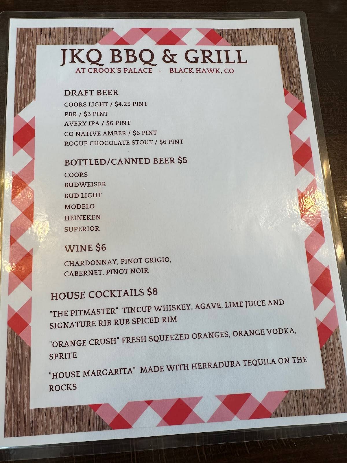 Menu at JKQ BBQ, Black Hawk, 200 Gregory St